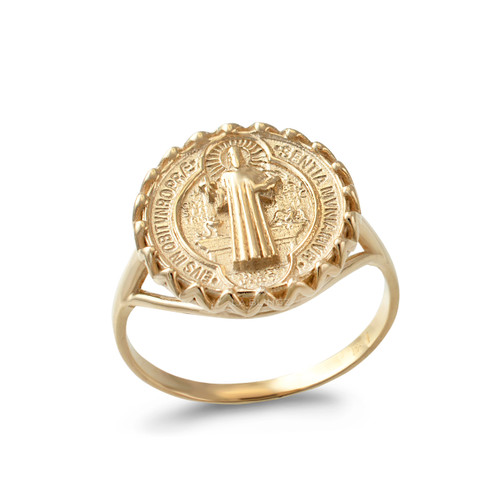 Gold Saint Benedict Women's Coin Medallion Ring | Protection Jewelry