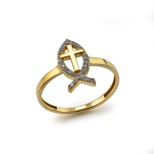 Gold Christian Faith Ichthys Fish Diamond Ring for Women