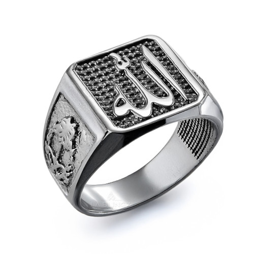 Sterling Silver Square Signet Allah Ring with Saudi Kingdom Symbol on Band