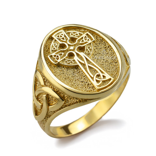 Gold Celtic Cross Oval Signet Statement Ring with Trinity Knot ...