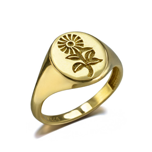 Women's Polished Gold Oval Signet Ring – Engraved Sunflower Design