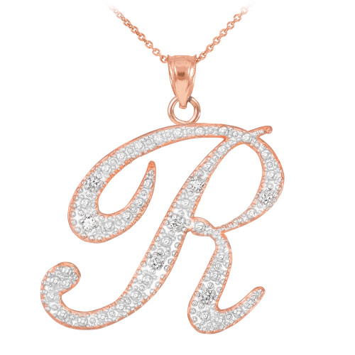 14k Rose Gold Letter Script "R" Diamond Initial Pendant Necklace