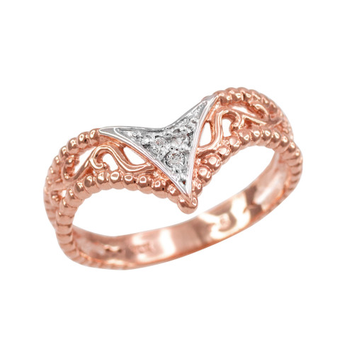 Rose Gold Filigree Diamond Pave Ladies Chevron Ring