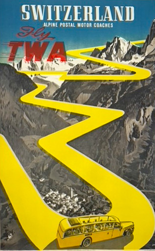 Switzerland Alpine Postal Motor Coaches Fly TWA Original Vintage Poster