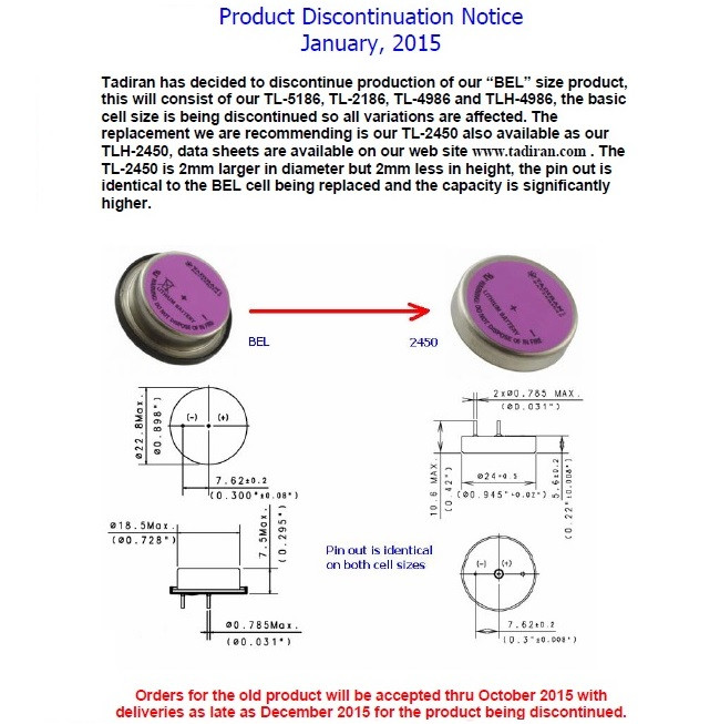 Tadiran TL-2450 / TL-5186 3.6 Volt Wafer Cell - Tadiran Catalogue # 15 ...