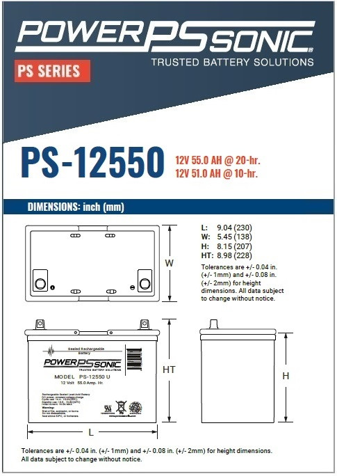 PowerSonic PS-12550 U, 12 Volts, 55 Ah SLA Battery U (Universal, Nut ...