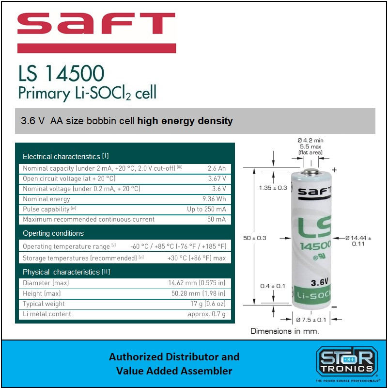 Saft LS14250 - 3.6 Volt Primary Lithium 1/2 AA Battery - NSN 6135-01 ...