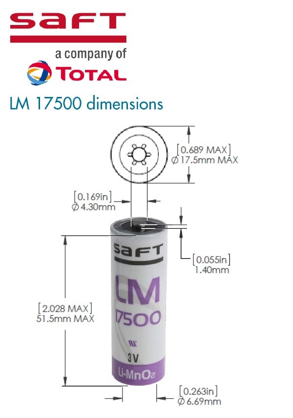 Saft LM 17500 3 Volt 3000mAh LI-MN02 CELL SAFT # 39175000100