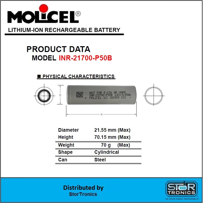 Molicel INR21700-P50B, 3.6 Volt, 5000mAh, 60A, Lithium-Ion Cell