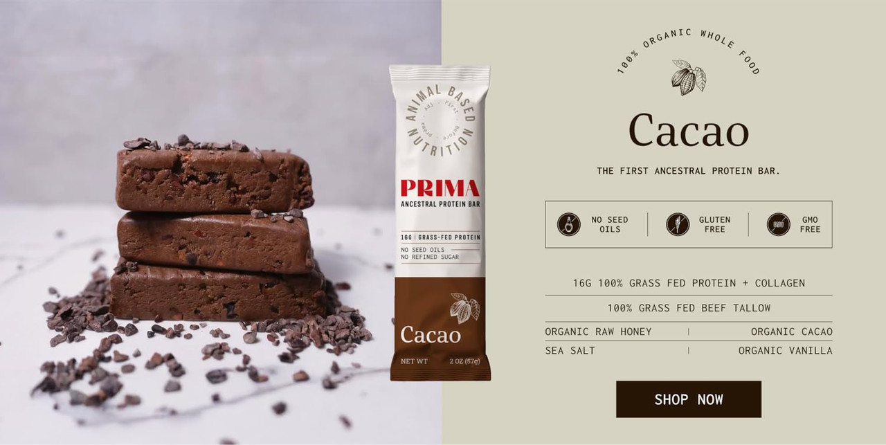 PRIMA Grass Fed Protein Bars, Cacao - Seed Oil Free, Gluten Free, Low ...