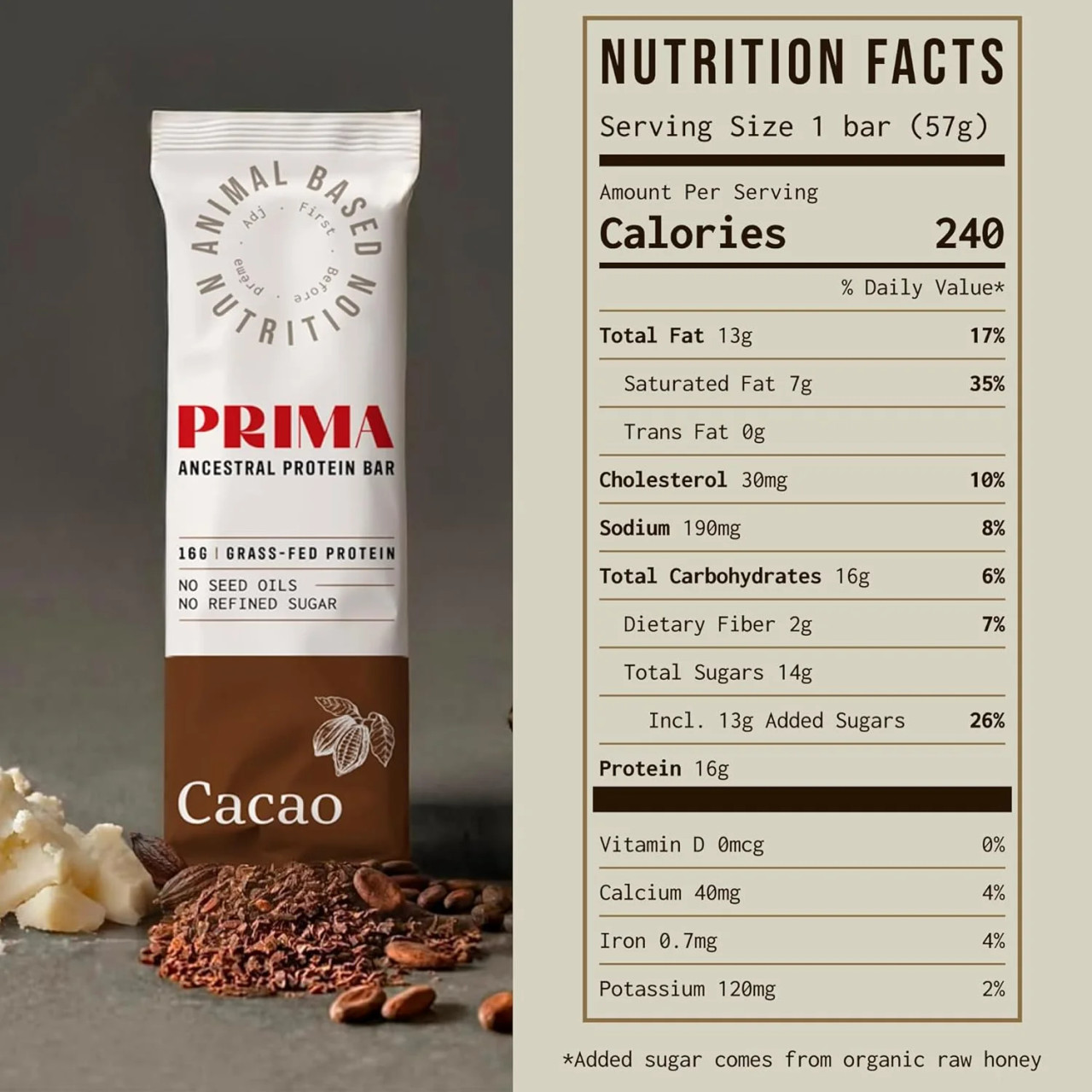 PRIMA Grass Fed Protein Bars, Cacao - Seed Oil Free, Gluten Free, Low ...