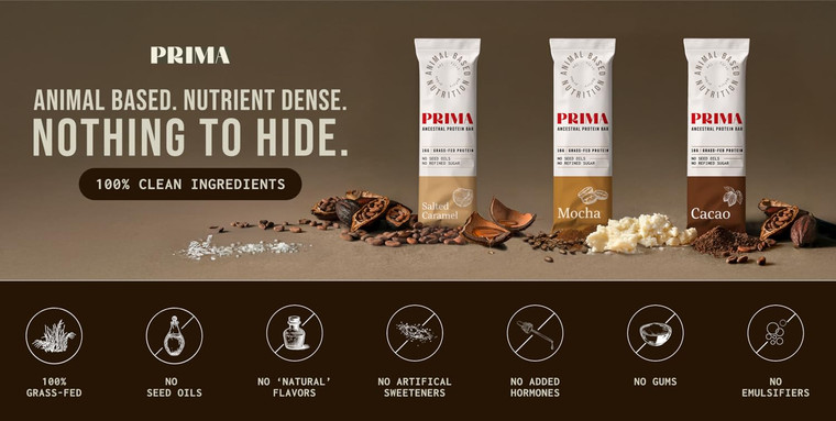 PRIMA Grass Fed Protein Bars, Cacao - Seed Oil Free, Gluten Free, Low ...