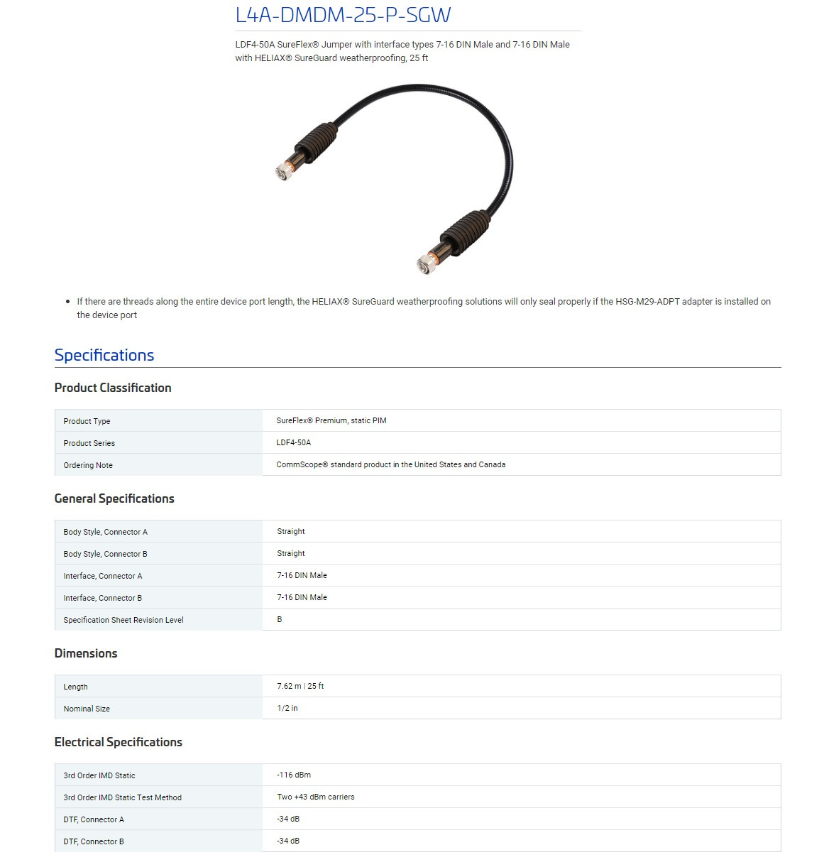 CommScope L4A-DMDM-25-P-SGW LDF4-50A SureFlex Jumper 7-16 DIN Male, 25 ...