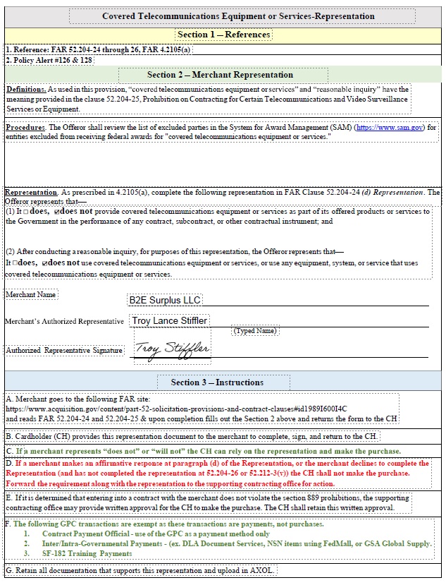 Section 889 Compliance B2E Surplus LLC aka Back To Earth Surplus 