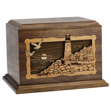Lighthouse Inlay Wood Cremation Urn