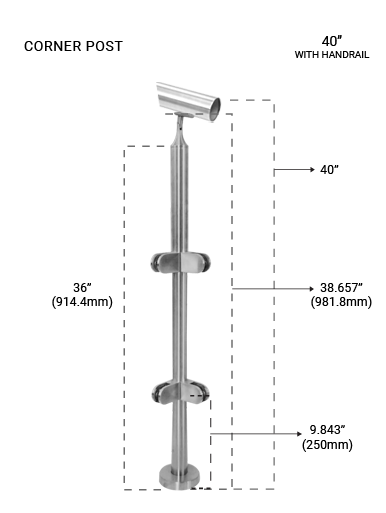 PR60044240CBS ROUND CORNER POST 40" in SS316 Brushed Finish