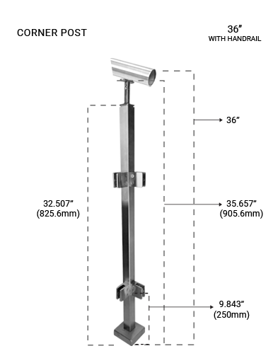 PS60514036CBS SQ. CORNER POST 36" SS316 in Brushed Finish