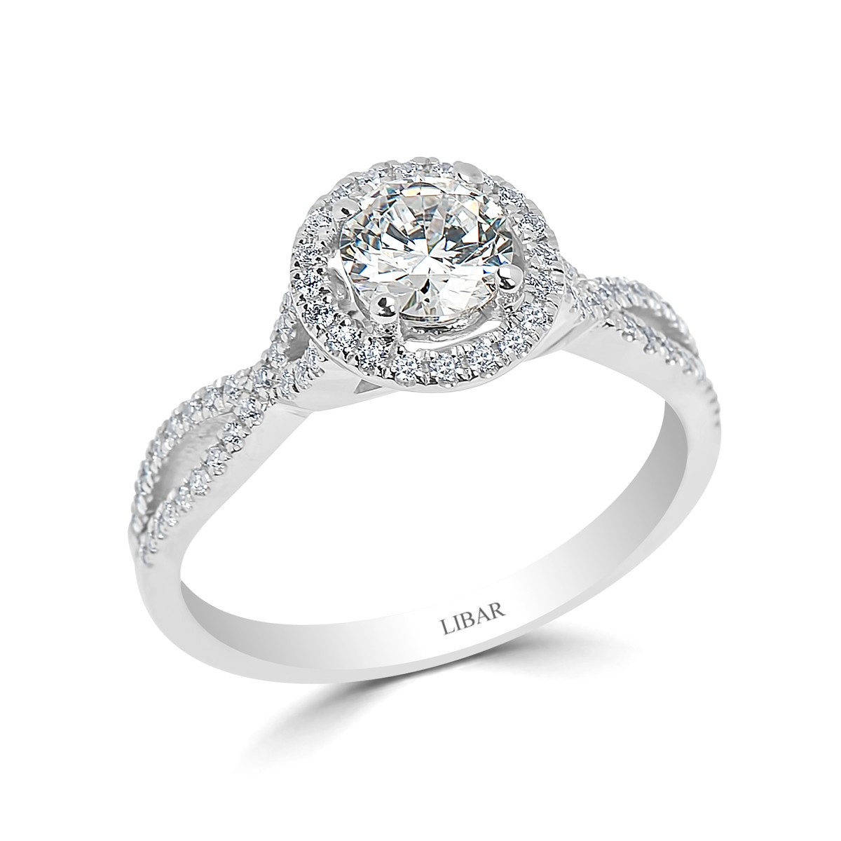 French Pave Halo Crossover Shank Engagement Ring - LIBAR