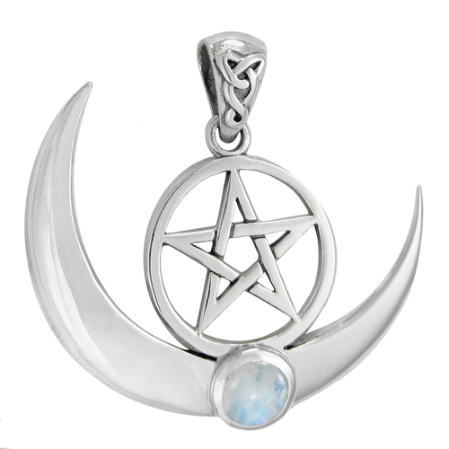 Large Sterling Silver Crescent Moon Pentacle with Rainbow Moonstone ...