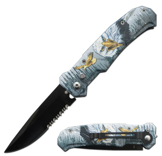 Side Open Switchblade Automatic 3D Imprinted Eagle Knife Partial Serrated