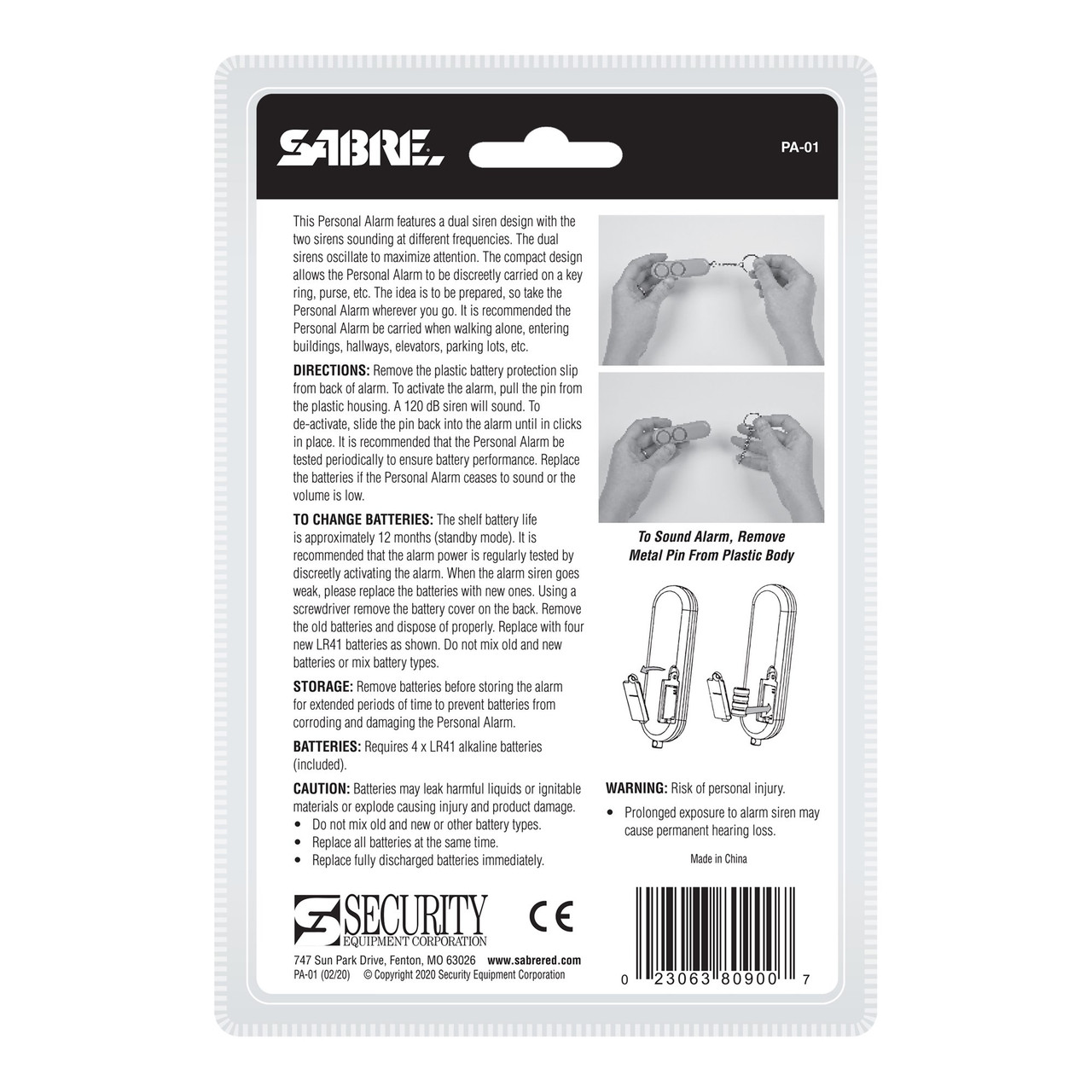 SABRE Personal Alarm With Key Ring, Black 120db