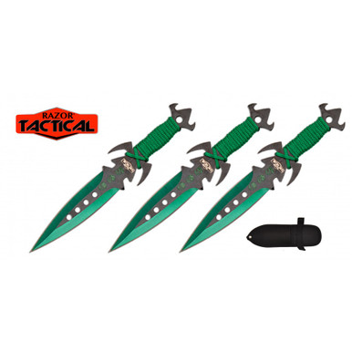 Razor Tactical Green 3pc Skull Dagger Throwing Knife Set