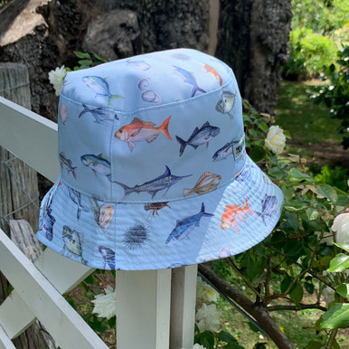 Fishes of NZ bucket hat made from 100% recycled polyester.