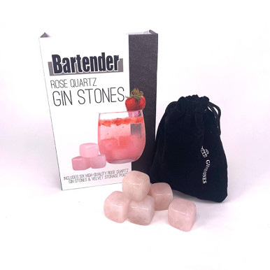 A set of six rose quartz gin stones with a black velvet storage pouch.