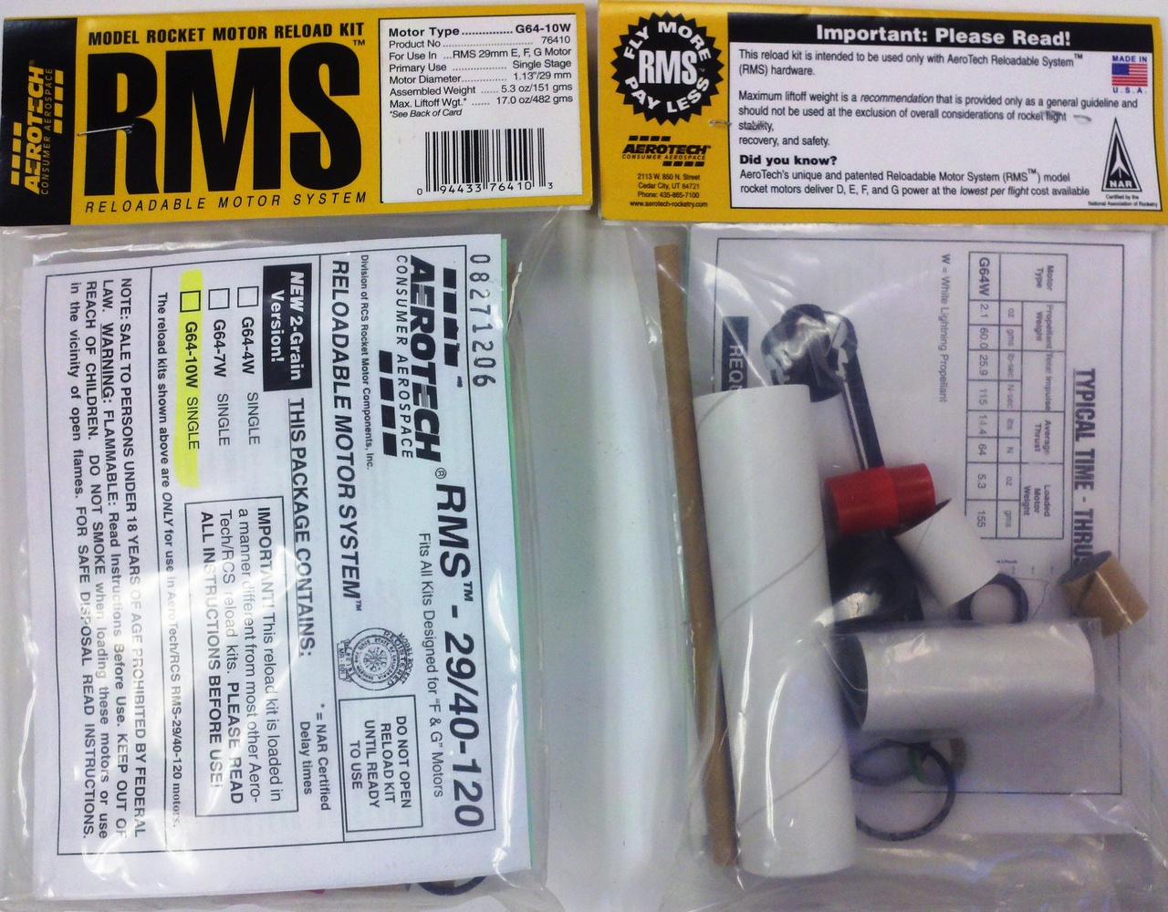 Aerotech 29mm Composite Model Rocket Motor RMS G64-10W(1pk) AER 76410