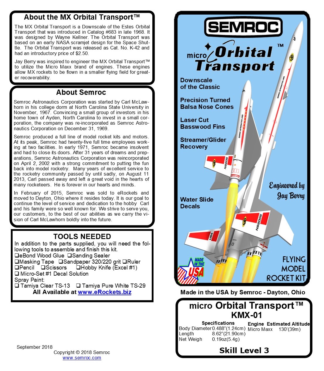Semroc Flying Model Rocket Kit Micro(MX) Orbital Transport™ KMX-01