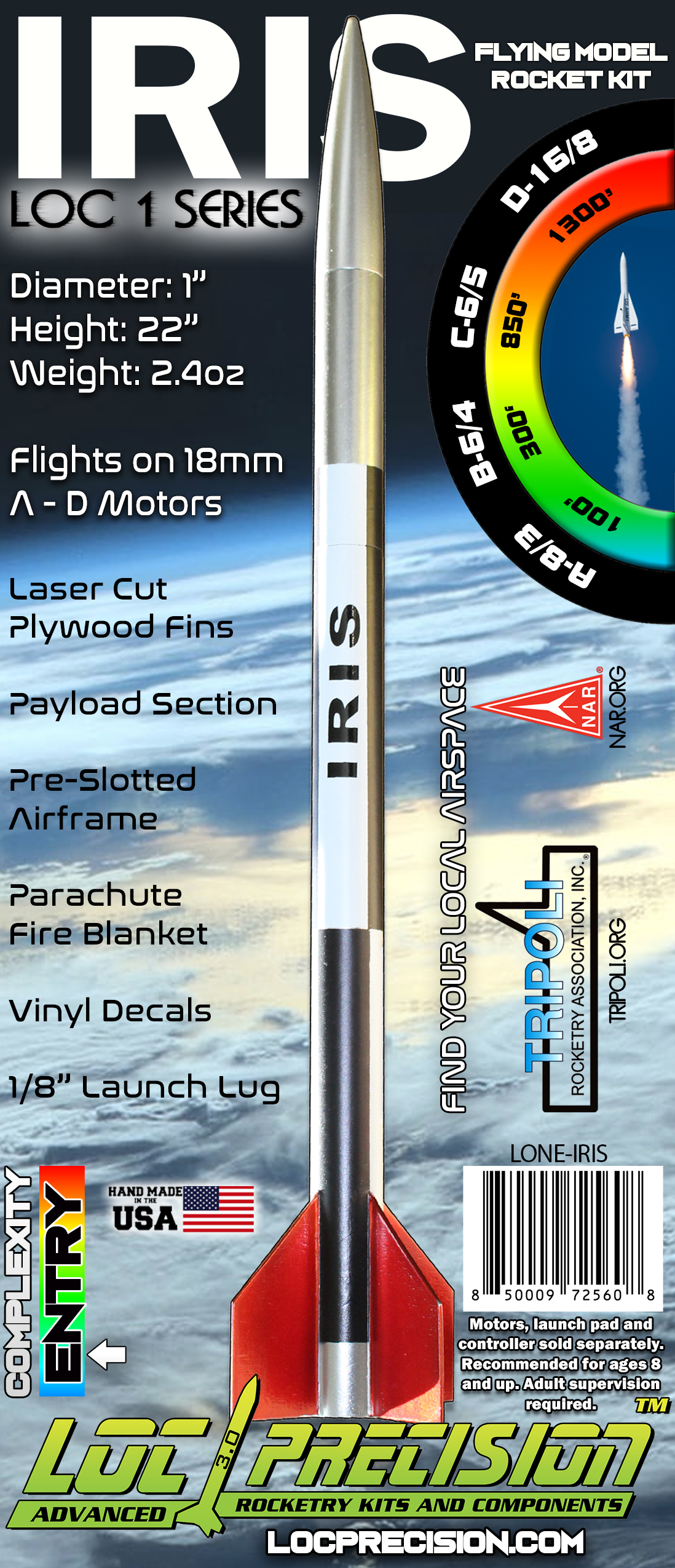 LOC Precision Flying Model Rocket Kit 1" IRIS LOC LONE-IRIS