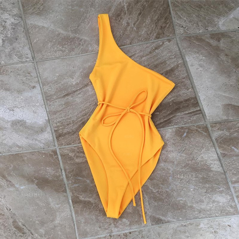 Yellow one shoulder bikini 2019 Highcut solid bathing suit Push up sexy ...