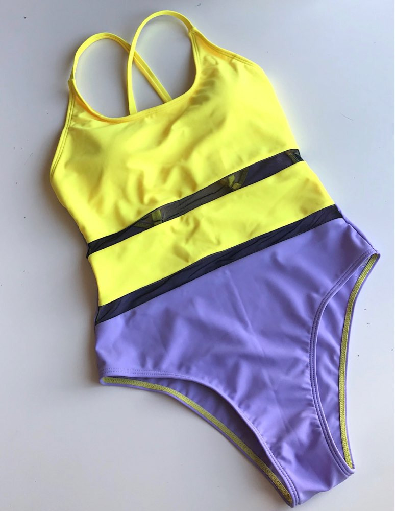 Sexy Mesh Swimwear Women One Piece Swimsuit 2019 Yellow Patchwork ...