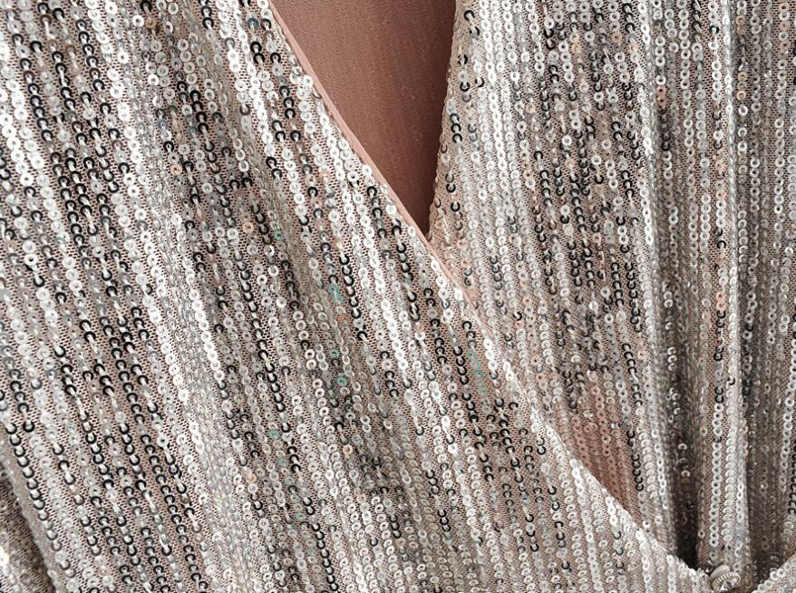 2019 New Silver Sequins Wrap Dress Lacing up Waist Split Slim Fit Women ...