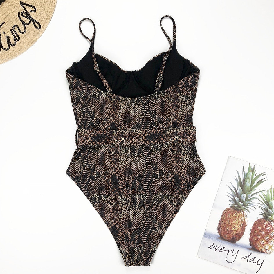 Sexy Belt Snake Print One Piece Swimwear Women Swimsuit Push Up Bathing ...