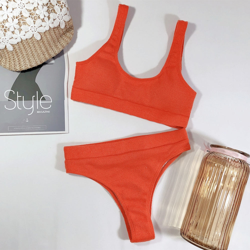 Ribbed Orange White Swimwear Women High waist Summer bathers Brazilian ...