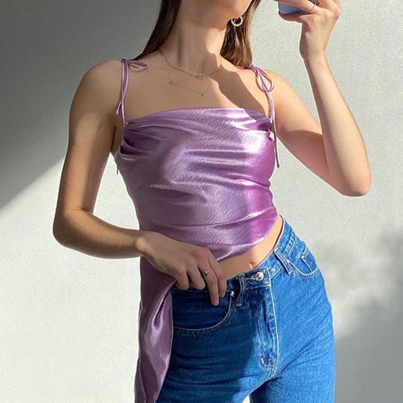 Satin Sleeveless Camisole Crop Tops for Women Ruched Backless Cropped ...