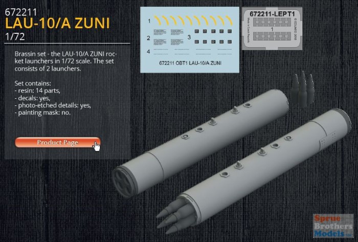 EDU672211 1:72 Eduard Brassin LAU-10/A Zuni Rocket Pods Set - Sprue ...