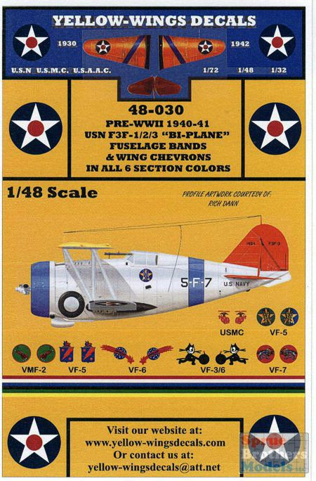 YWD48030 1:48 Yellow Wings Decals F3F-1/2/3 Wing Chevrons & Fuselage ...