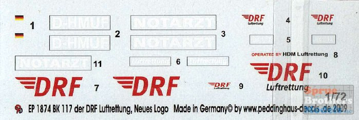 PDH1874 1:72 Peddinghaus Decals - BK 117 Rescue Helicopter with New DRF ...
