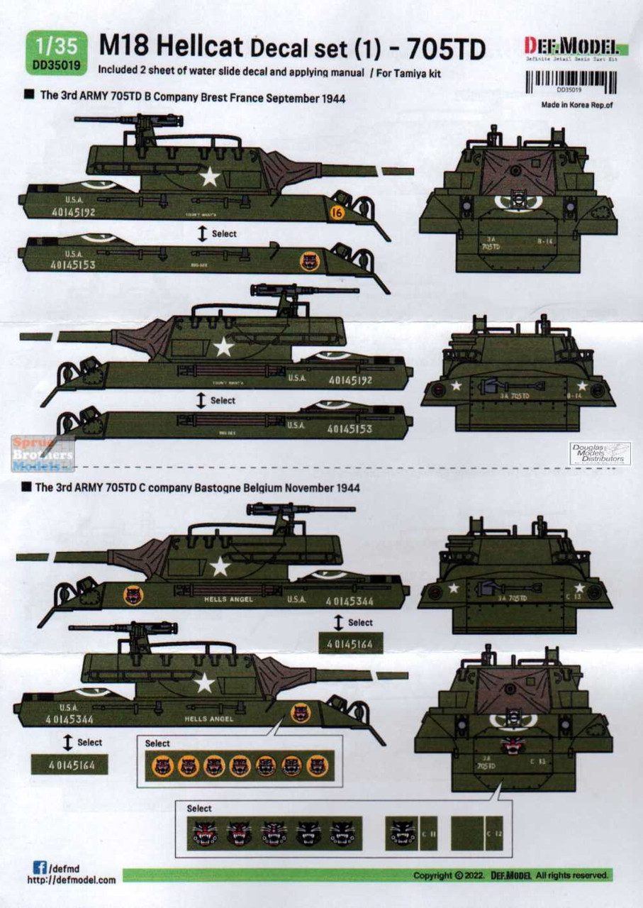 DEFDD35019 1:35 DEF Model Decal Set - M18 Hellcat #1 705TD - Sprue ...