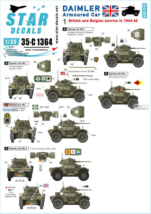 SRD35C1364 1:35 Star Decals - Daimler Armoured Car #1 British and ...