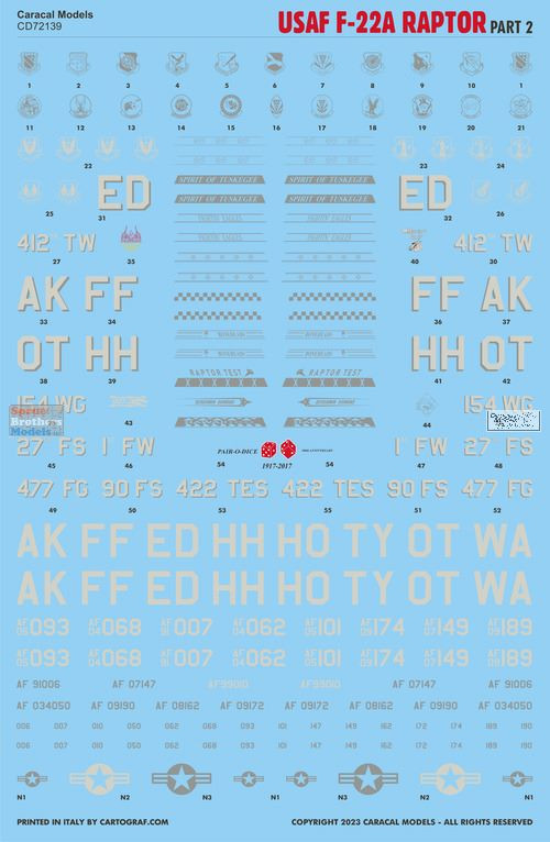 CARCD72139 1:72 Caracal Models Decals - F-22A Raptor Part 2 - Sprue ...