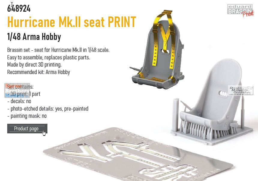 EDU648924 1:48 Eduard Brassin Print - Hurricane Mk.IIc Seat (ARM kit ...