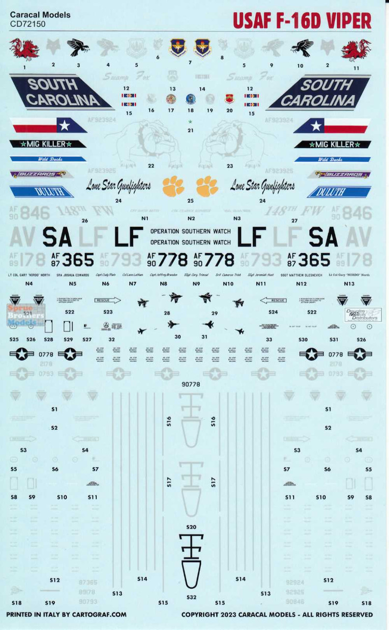 CARCD72150 1:72 Caracal Models Decals - F-16D Falcon ' Viper' - Sprue ...