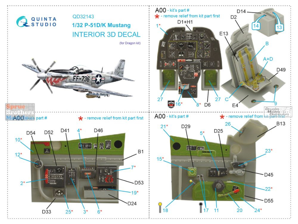 QTSQD32143 1:32 Quinta Studio Interior 3D Decal - P-51D P-51K Mustang ...