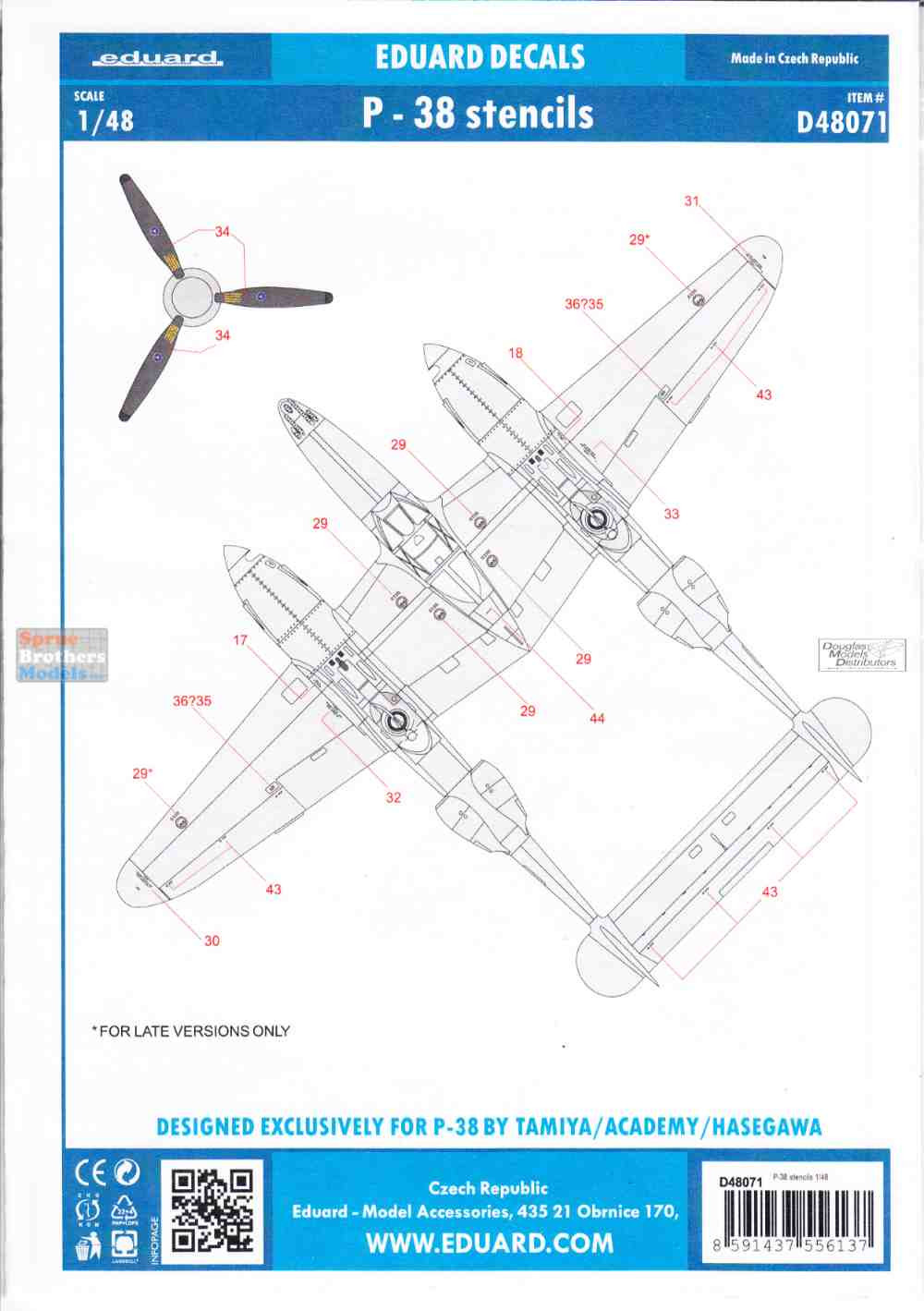 EDUD48047 1:48 Eduard Decals - P-38F P-38G Lightning - Sprue Brothers ...