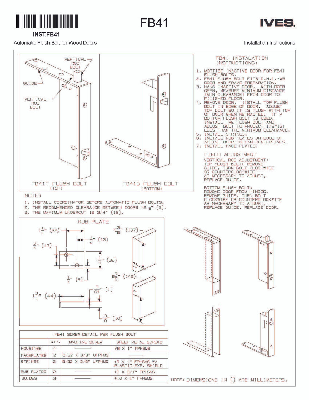Ives Commercial FB41TWD10B Top Automatic Flush Bolt for Wood Doors Oil ...