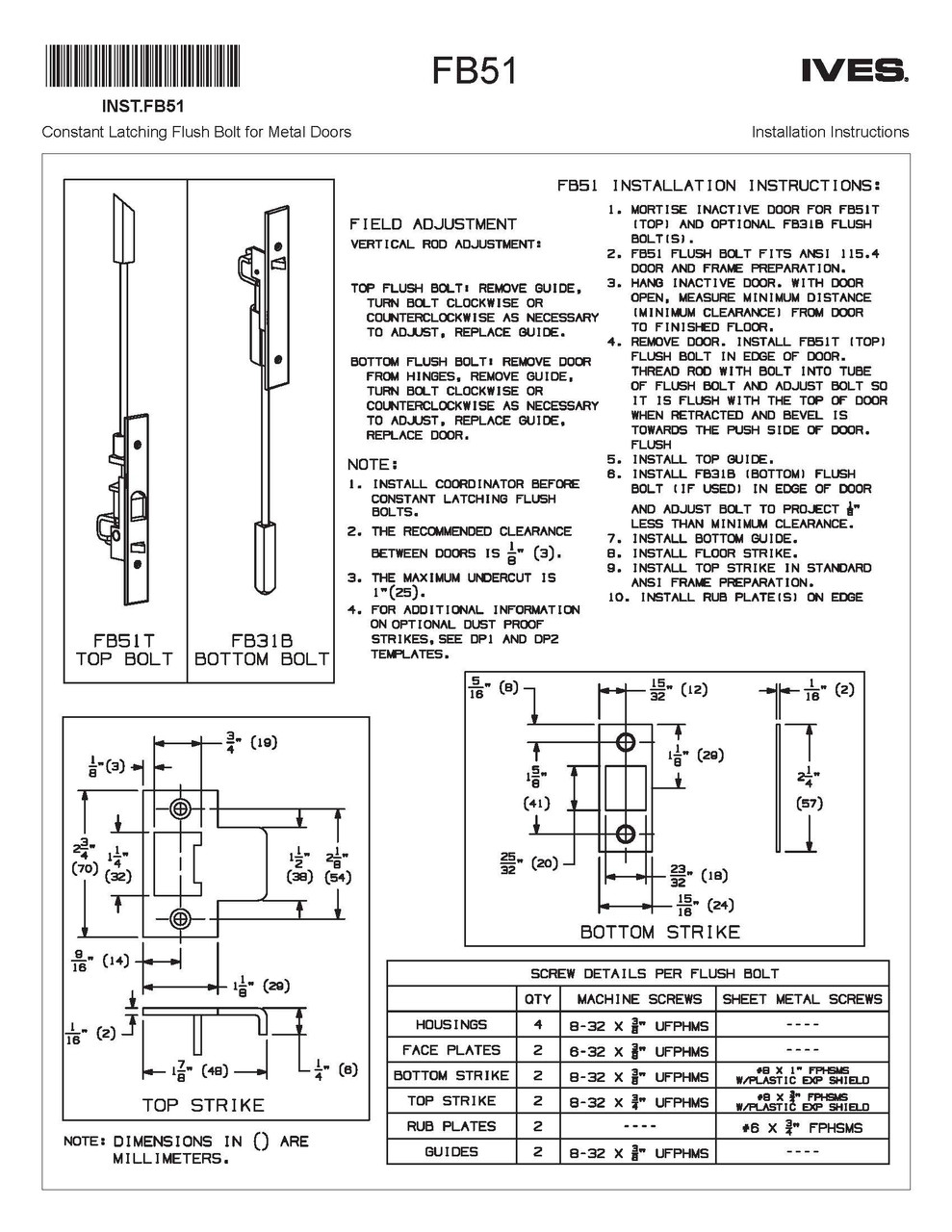 Ives Commercial FB51T12MD4 12" Top Constant Latching Bolt for Metal ...