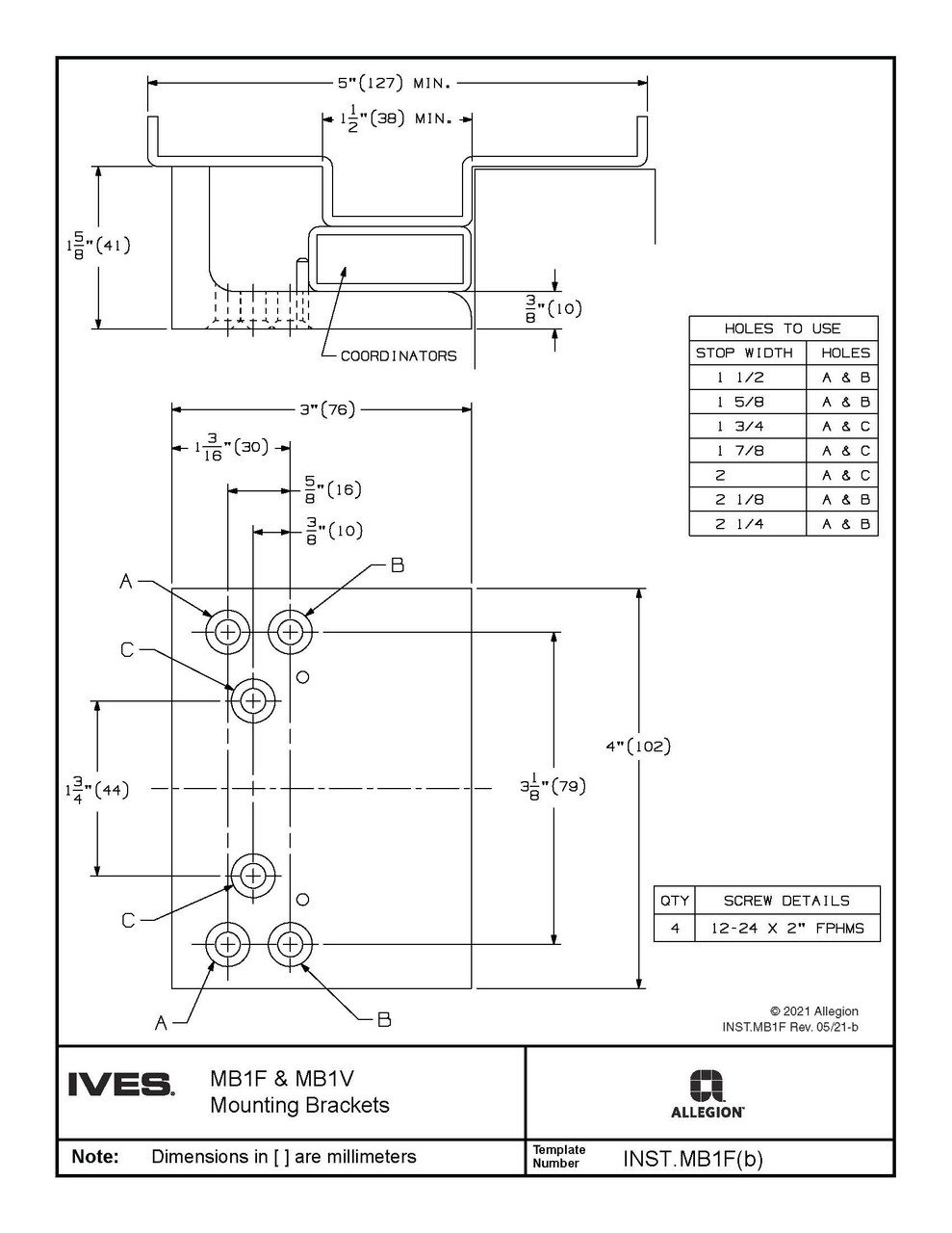 Ives Commercial MB1P Mounting Bracket Stop Widths over 2-1/2" Prime ...